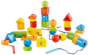 hape string shapes wooden toy blocks in 32 pieces, 3+ years, water based paint, string