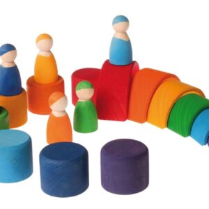 Grimm's Seven Friends in 7 Bowls: Set of Wooden Sorting & Matching Rainbow Peg Dolls with Little Cups and Tray