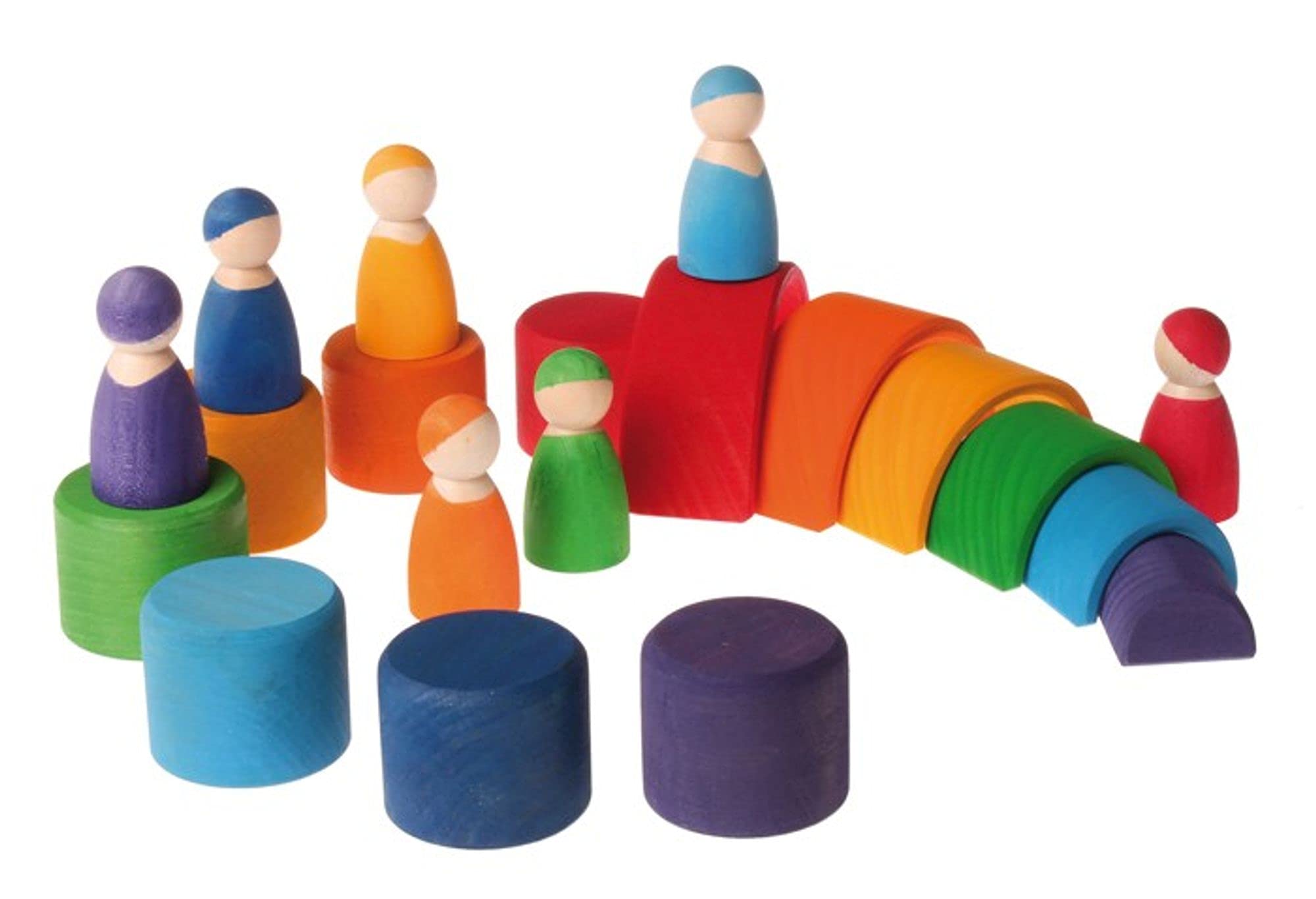 Grimm's Seven Friends in 7 Bowls: Set of Wooden Sorting & Matching Rainbow Peg Dolls with Little Cups and Tray