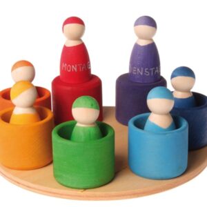 Grimm's Seven Friends in 7 Bowls: Set of Wooden Sorting & Matching Rainbow Peg Dolls with Little Cups and Tray