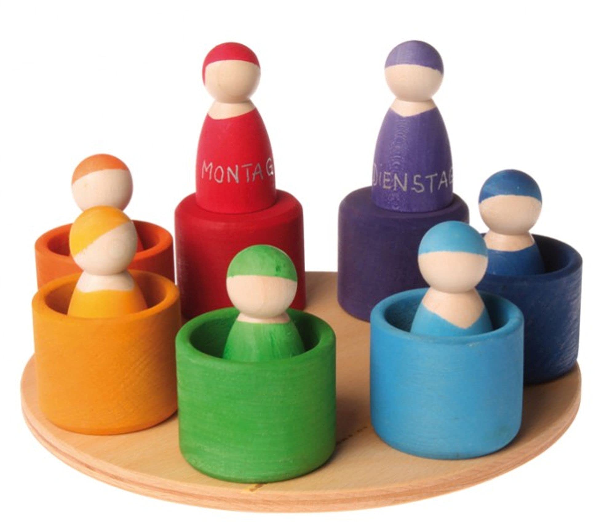 Grimm's Seven Friends in 7 Bowls: Set of Wooden Sorting & Matching Rainbow Peg Dolls with Little Cups and Tray