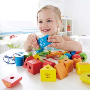 Hape String Shapes Wooden Toy Blocks in 32 Pieces, 3+ Years, Water Based Paint, String