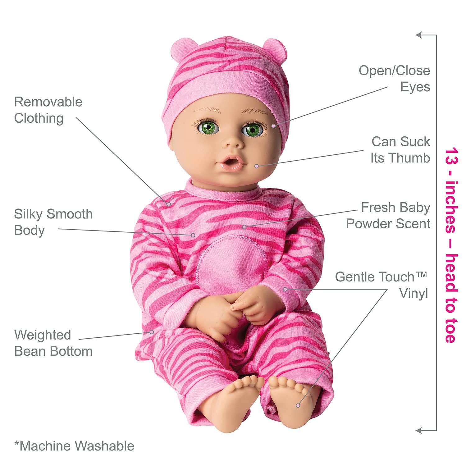 Adora Play Time Babies Collection, 13" Baby Doll with Doll Clothes and Accesories, Made with Sweet Baby Powder Scent, and GentleTouch Vinyl Body, Birthday Gift for Ages 1+ - Baby Pink