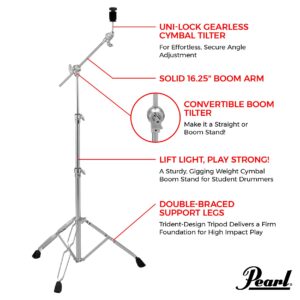 Pearl BC830 Double-Braced Cymbal Boom Stand, Medium Weight Boom Stand with Gearless UniLock Cymbal Tilter, Three-Tier Height Adjustment, and Sturdy Double-Braced legs.