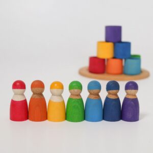 Grimm's Seven Friends in 7 Bowls: Set of Wooden Sorting & Matching Rainbow Peg Dolls with Little Cups and Tray