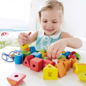 Hape String Shapes Wooden Toy Blocks in 32 Pieces, 3+ Years, Water Based Paint, String