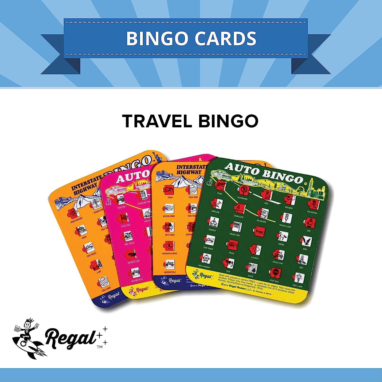 Regal Games Finger-Tip Shutter Bingo Cards with Sliding Windows - Interstate Bingo & Auto Bingo Game - Assorted Colors Travel Bingo Game Set Kids - Reusable, No Chips & Daubers Needed - 4 Packs