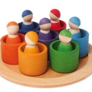 Grimm's Seven Friends in 7 Bowls: Set of Wooden Sorting & Matching Rainbow Peg Dolls with Little Cups and Tray