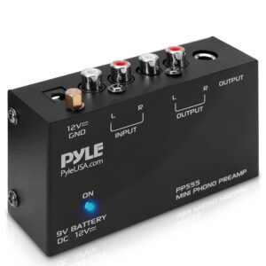 pyle phono turntable preamp - mini electronic audio stereo phonograph preamplifier with 9v battery compartment, separate dc 12v power adapter, rca input, rca output & low noise operation (pp555) black