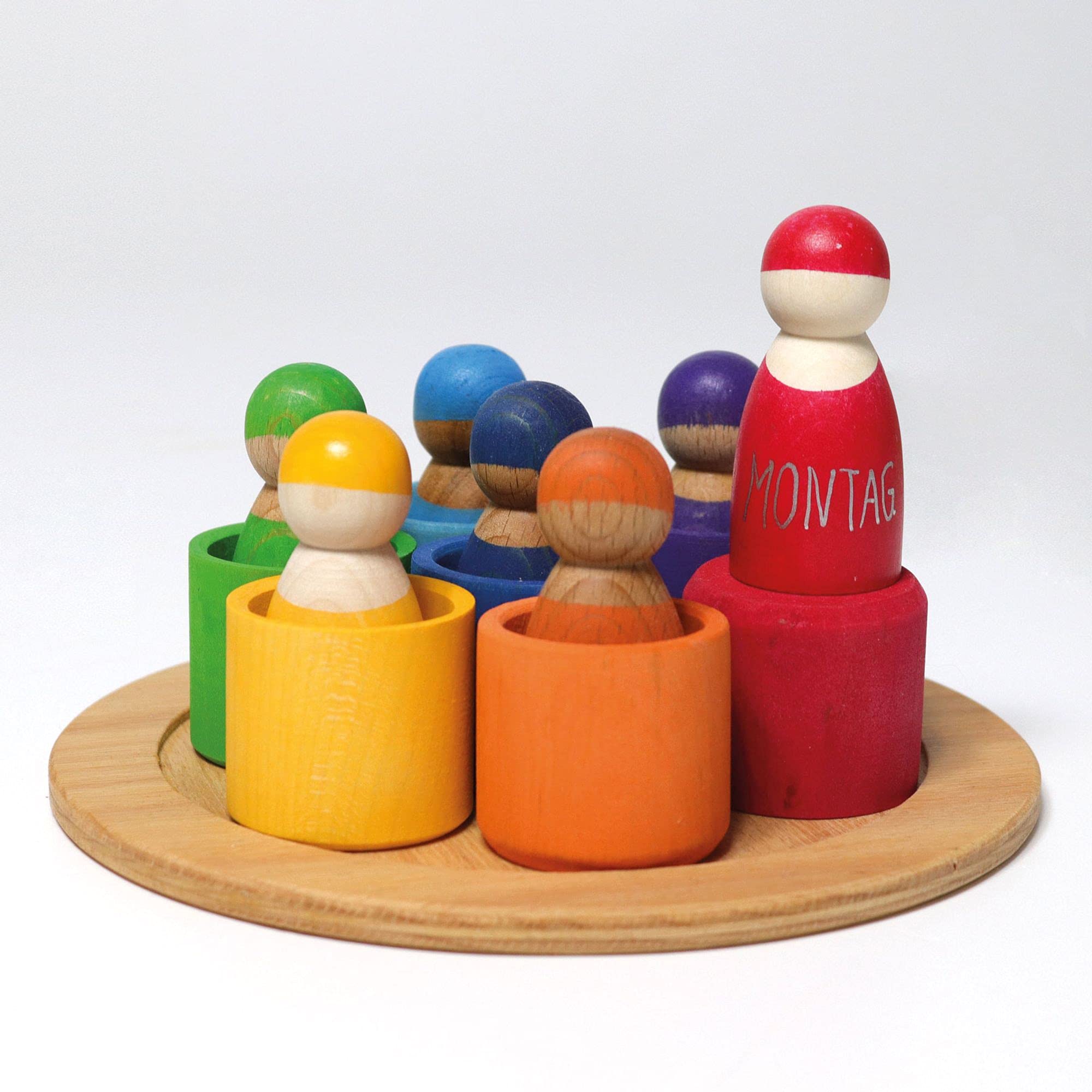 Grimm's Seven Friends in 7 Bowls: Set of Wooden Sorting & Matching Rainbow Peg Dolls with Little Cups and Tray