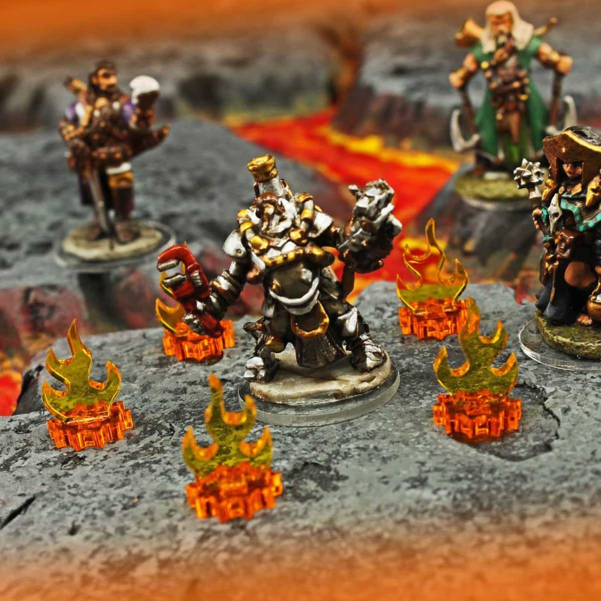 LITKO Flame Marker | Fire Indicator | Spell Effect | Inferno | Compatible with Dungeons & Dragons, Warhammer 40k, Bolt Action, and Other Wargames (Yellow Flames & Amber Base, Mini)