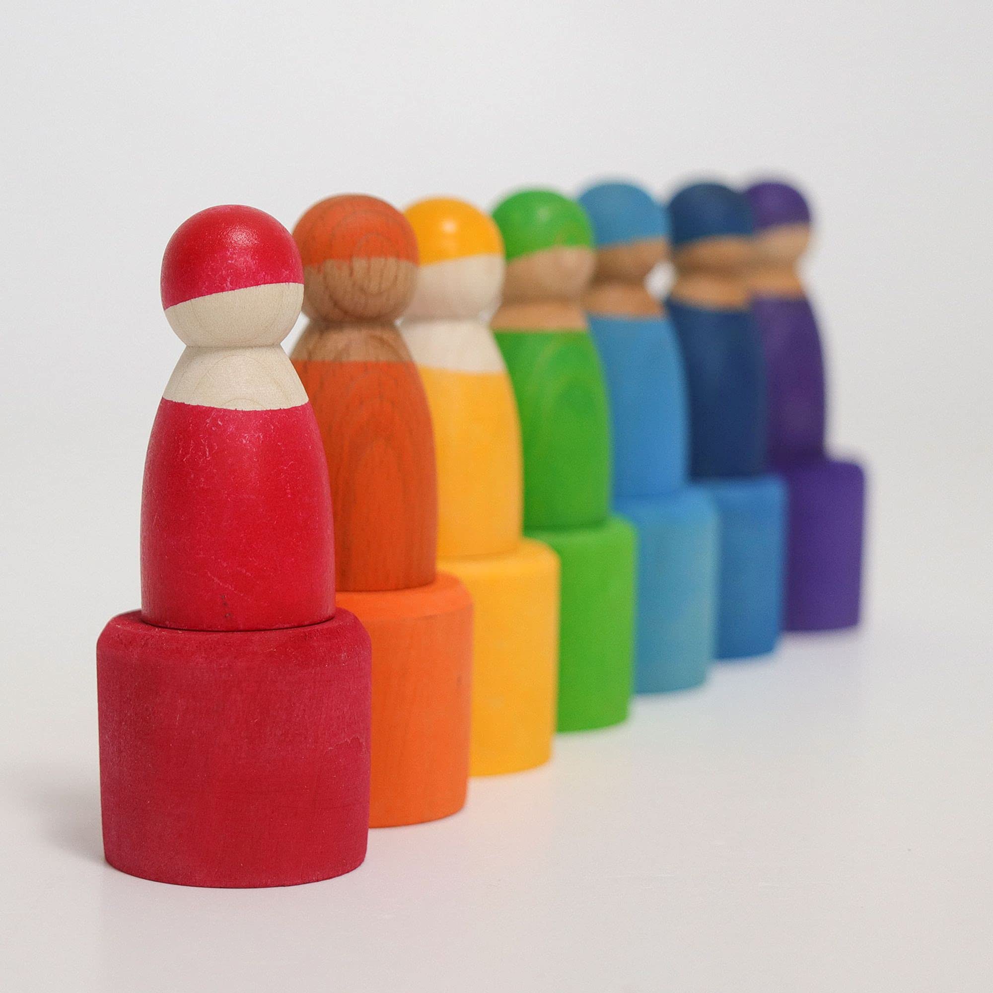 Grimm's Seven Friends in 7 Bowls: Set of Wooden Sorting & Matching Rainbow Peg Dolls with Little Cups and Tray