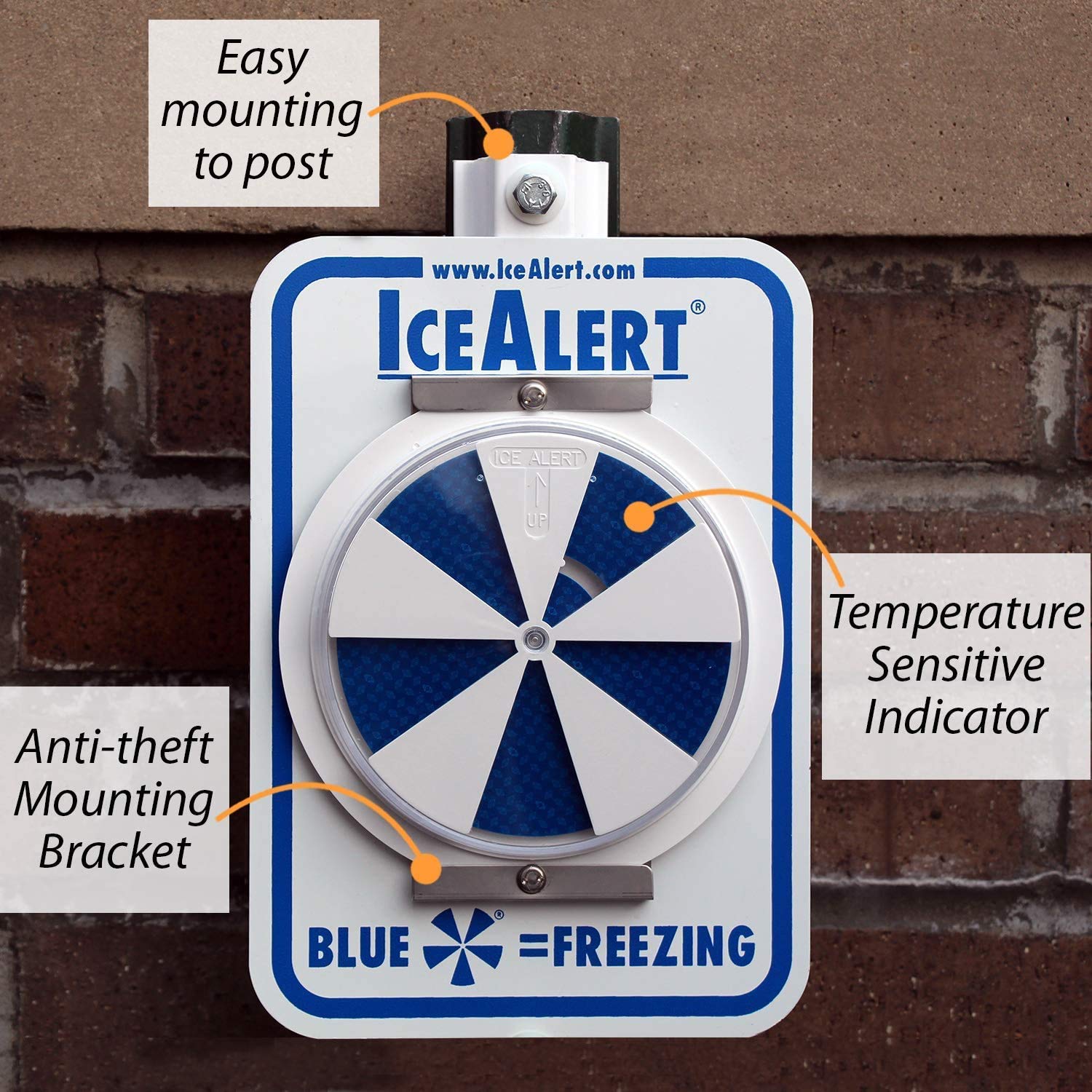 SmartSign Ice Alert Sign - 12 x 7 inch, Universal Mount Temperature Sensitive Indicator with Post-Section Bracket, 40 mil Rustproof Aluminum, Blue, Grey and White, Set of 1, Made in USA