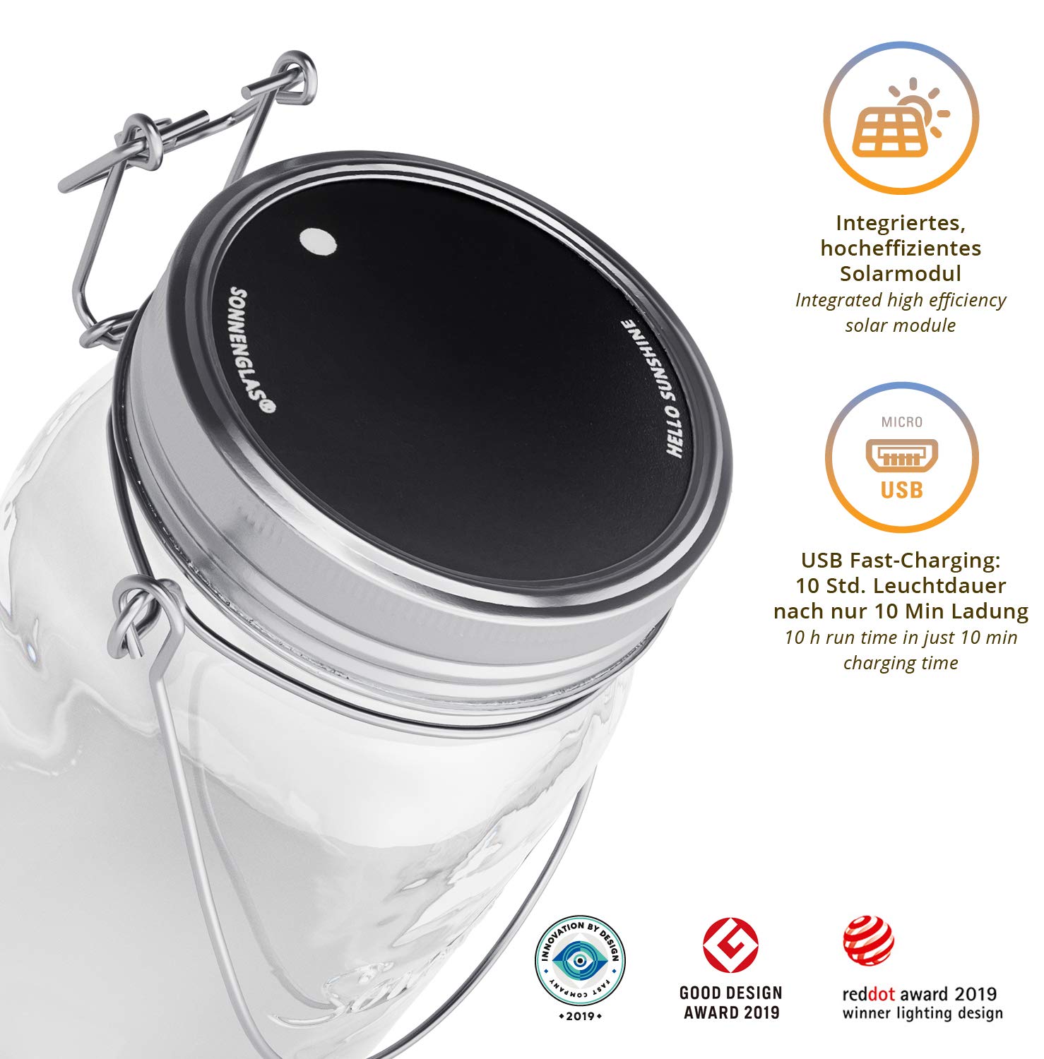 SONNENGLAS Classic 32oz | Original Award-Winning Solar Lantern|Indoor and Outdoor | With USB Charging l Glass and Stainless Steel | Decorate Inside | Fair Trade from South Africa