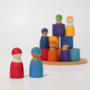 Grimm's Seven Friends in 7 Bowls: Set of Wooden Sorting & Matching Rainbow Peg Dolls with Little Cups and Tray