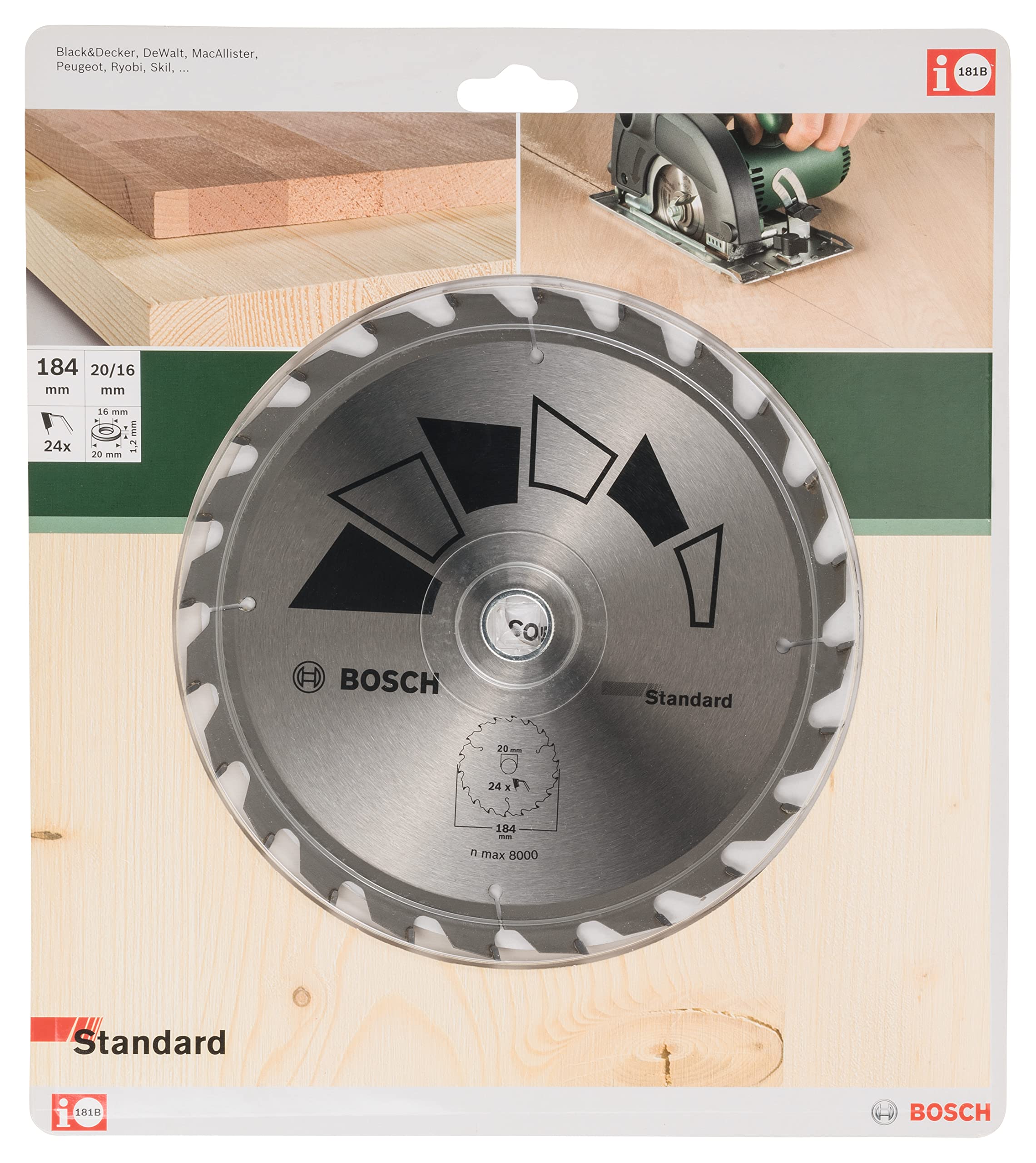 Bosch 2609256B57 Standard Circular Saw Blade with 24 Teeth/Carbide/184 mm Diameter Bore with 20/16 mm Reduction Ring/2.2 mm Cutting Width