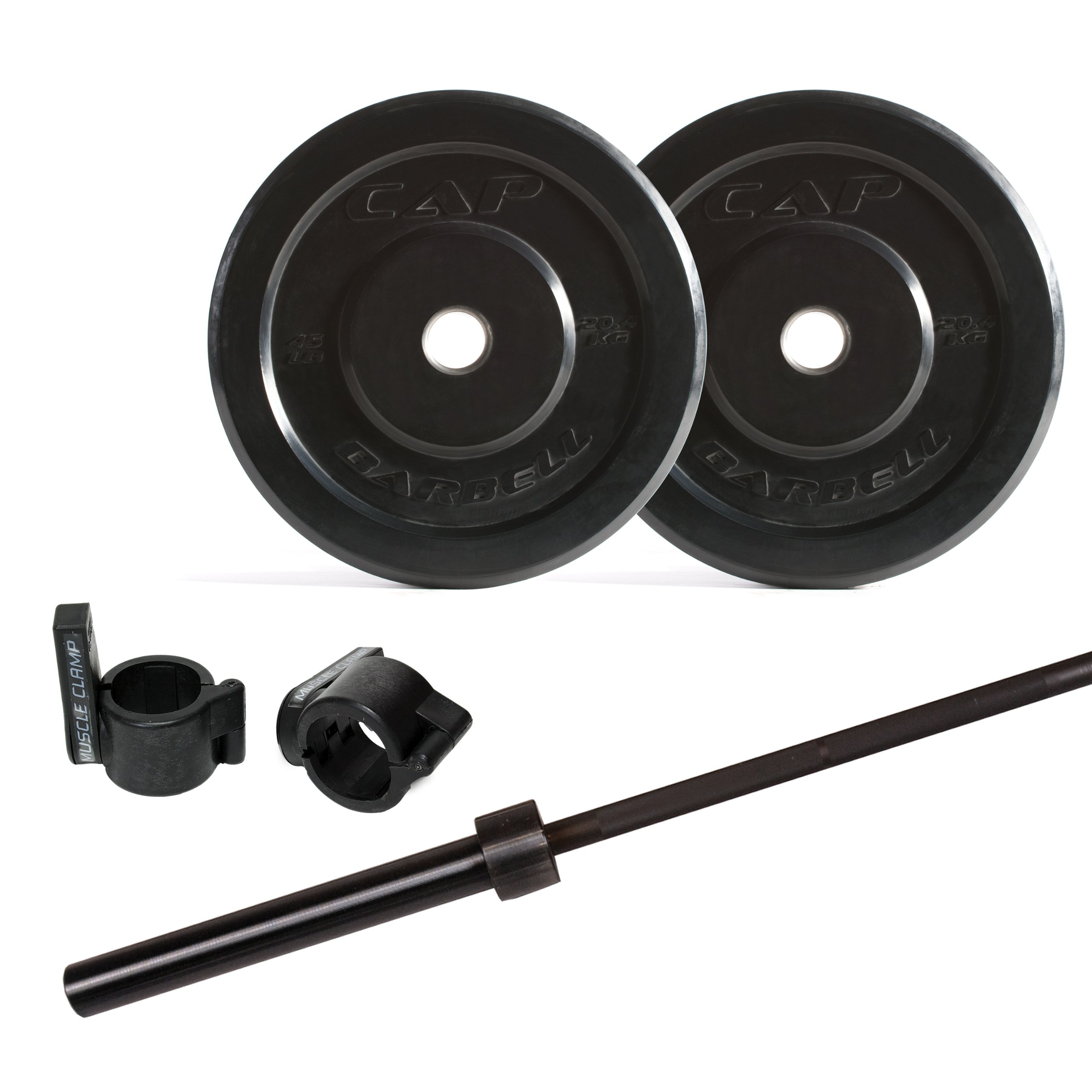 CAP Barbell Bumper Plate Set with 7-Inch Power Bar and Muscle Clamp, 135-Pound