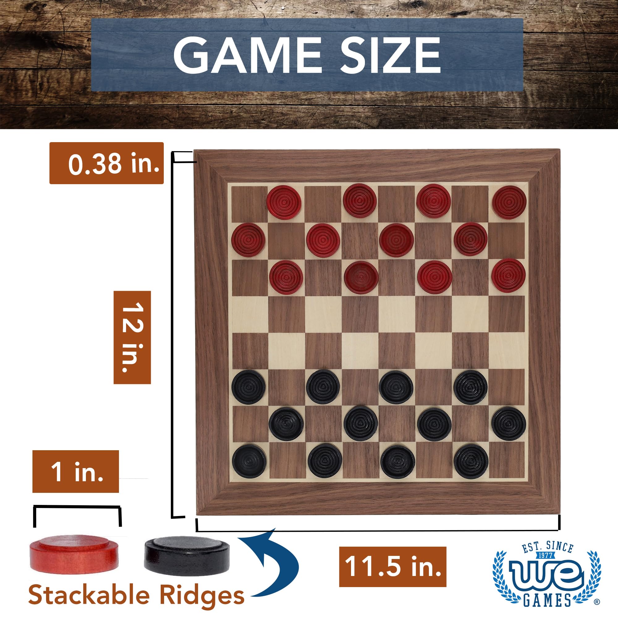 WE Games Old School Red and Black Wooden Checkers Set -12 in.