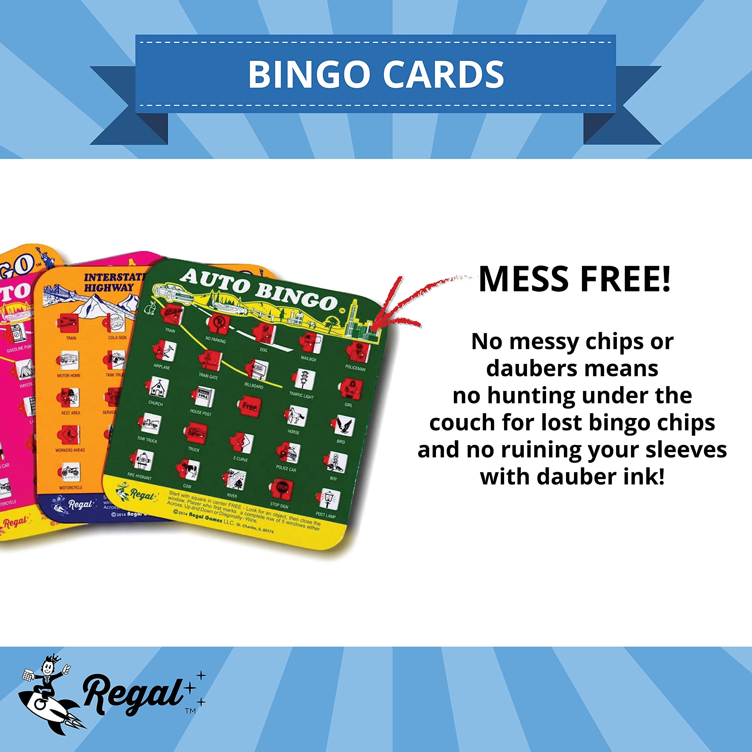 Regal Games Finger-Tip Shutter Bingo Cards with Sliding Windows - Interstate Bingo & Auto Bingo Game - Assorted Colors Travel Bingo Game Set Kids - Reusable, No Chips & Daubers Needed - 4 Packs