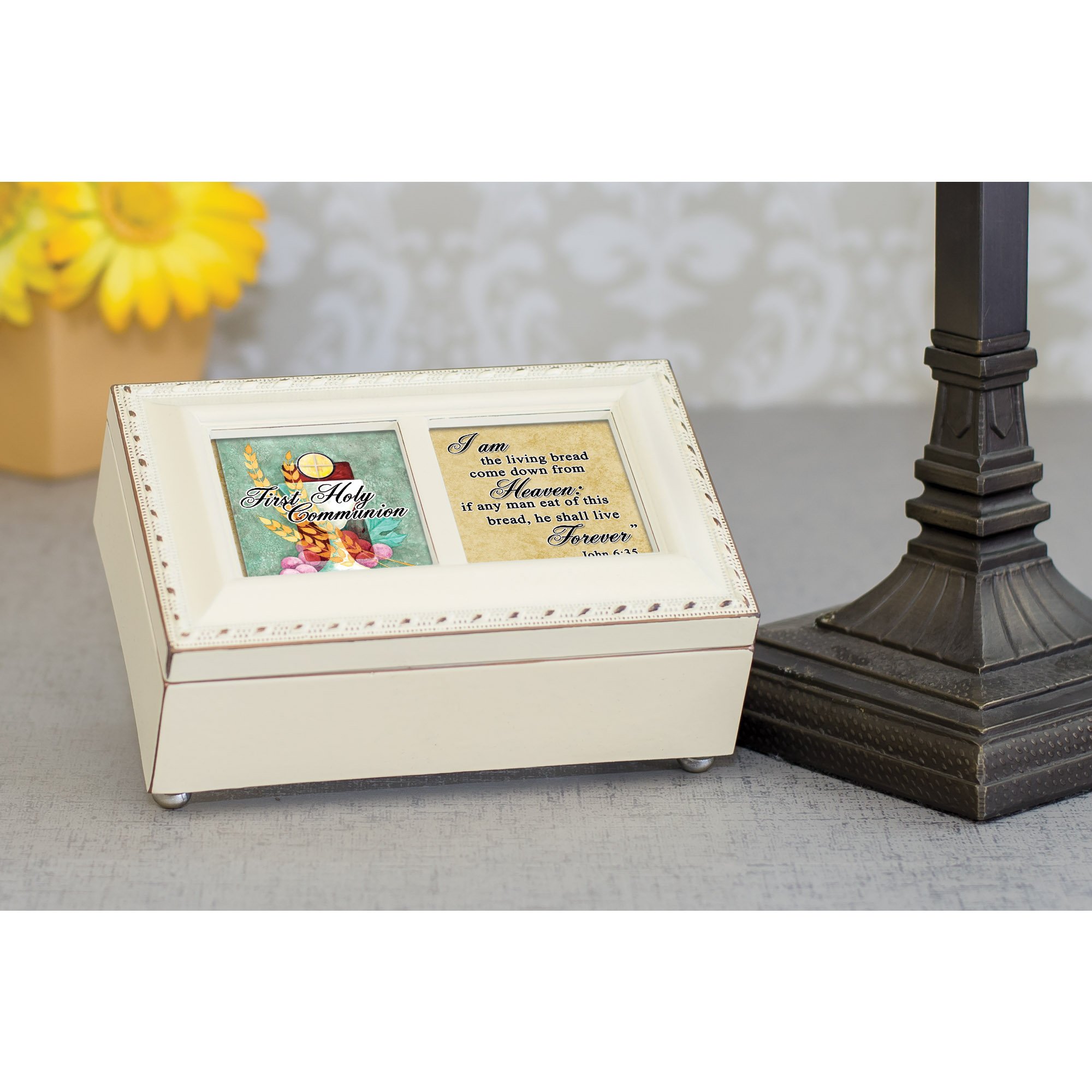 Cottage Garden First Communion Living Bread Matte Ivory Jewelry Music Box Plays Ave Maria