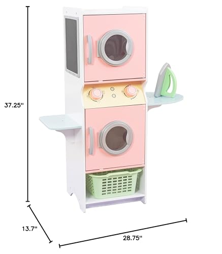 KidKraft Laundry Playset Children's Pretend Wooden Stacking Washer and Dryer Toy with Iron and Basket, Pastel, Gift for Ages 3+