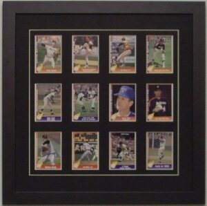 trading card display frame for 12 standard trading cards - black frame with black (white trim) mat