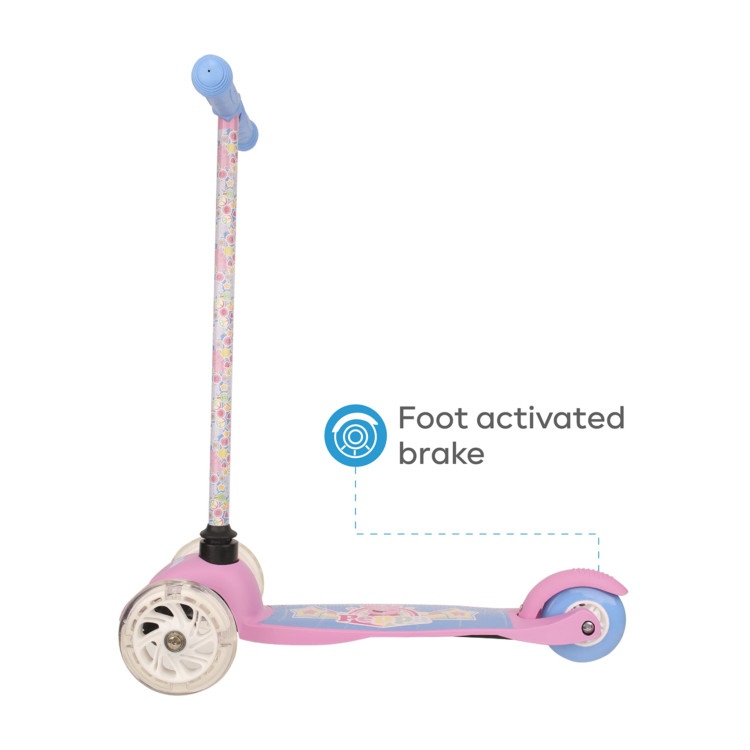 Peppa Pig Self Balancing Kick Scooter with Light Up Wheels, Extra Wide Deck, 3 Wheel Platform, Foot Activated Brake, 75 lbs Limit, Kids & Toddlers Girls or Boys, for Ages 3 and Up