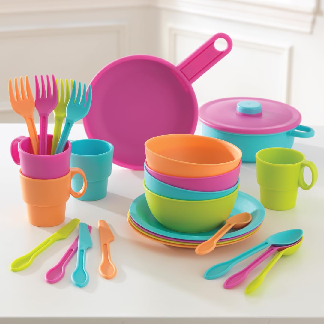 KidKraft 27-Piece Bright Cookware Set, Plastic Dishes and Utensils for Play Kitchens