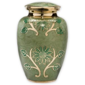 green garden brass large cremation urn | unique brass funeral urn with gold & green enamel details | large