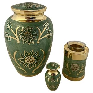 Green Garden Brass Large Cremation Urn | Unique Brass Funeral Urn with Gold & Green Enamel Details | Large