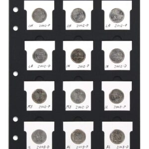 BCW 2x2 Slotted Paper Page for 3-Ring Binder | Black | Holds 12 Coin Flips | Fits Standard 8.5x11 Binders | Ideal for Coin Collection Storage | Paper and Coin Holders | 10 Ct