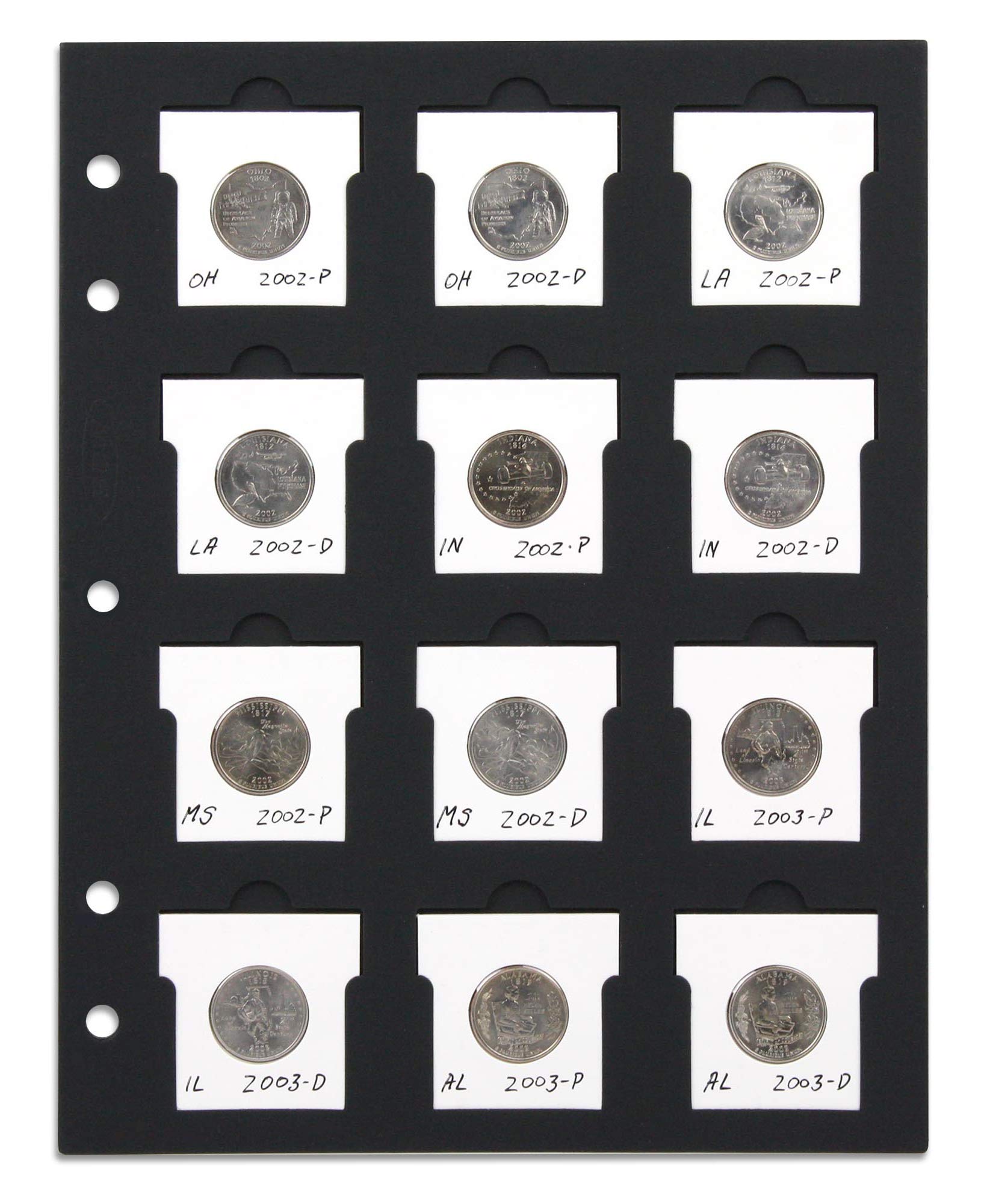 BCW 2x2 Slotted Paper Page for 3-Ring Binder | Black | Holds 12 Coin Flips | Fits Standard 8.5x11 Binders | Ideal for Coin Collection Storage | Paper and Coin Holders | 10 Ct