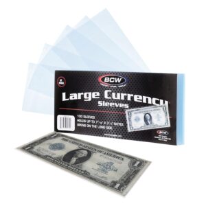 bcw large bill currency sleeves - 100-pack | acid-free, archival safe polypropylene sleeves for collectible currency | clear money protectors for storage and display | large us currency holders