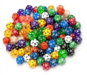 wiz dice bulk random polyhedral dice (d20-100 pack) - polyhedral role playing dice in unique colors - dnd accessories for ttrpg dice games - ideal roleplaying game dice