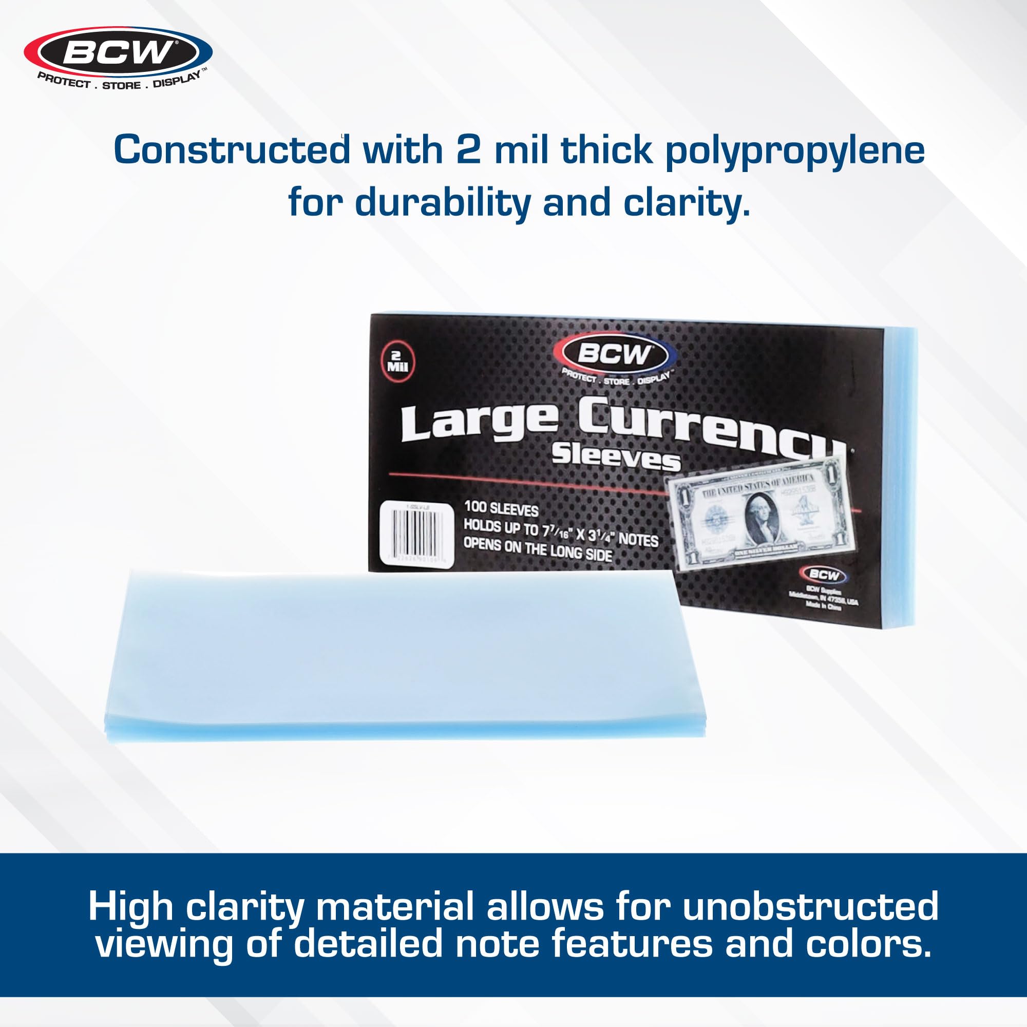 BCW Large Bill Currency Sleeves - 100-Pack | Acid-Free, Archival Safe Polypropylene Sleeves for Collectible Currency | Clear Money Protectors for Storage and Display | Large US Currency Holders