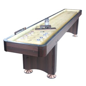 playcraft woodbridge shuffleboard table with storage cabinet - shuffle board game table set with matching abacus, 8 pucks, brush & wax (made in usa) - pro style climate adjusters - espresso - 12ft