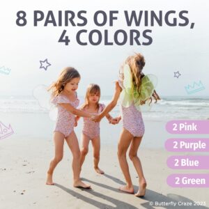 Butterfly Craze Girls' Fairy, Angel, or Butterfly Wings - Costume Accessories & Party Favors or Supplies, Make Your Little One's Birthday Party Special, in Shades of Blue, Green, Pink, and Purple, 8pc