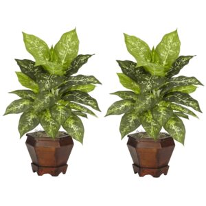 nearly natural dieffenbachia with wood vase silk plant (set of 2)