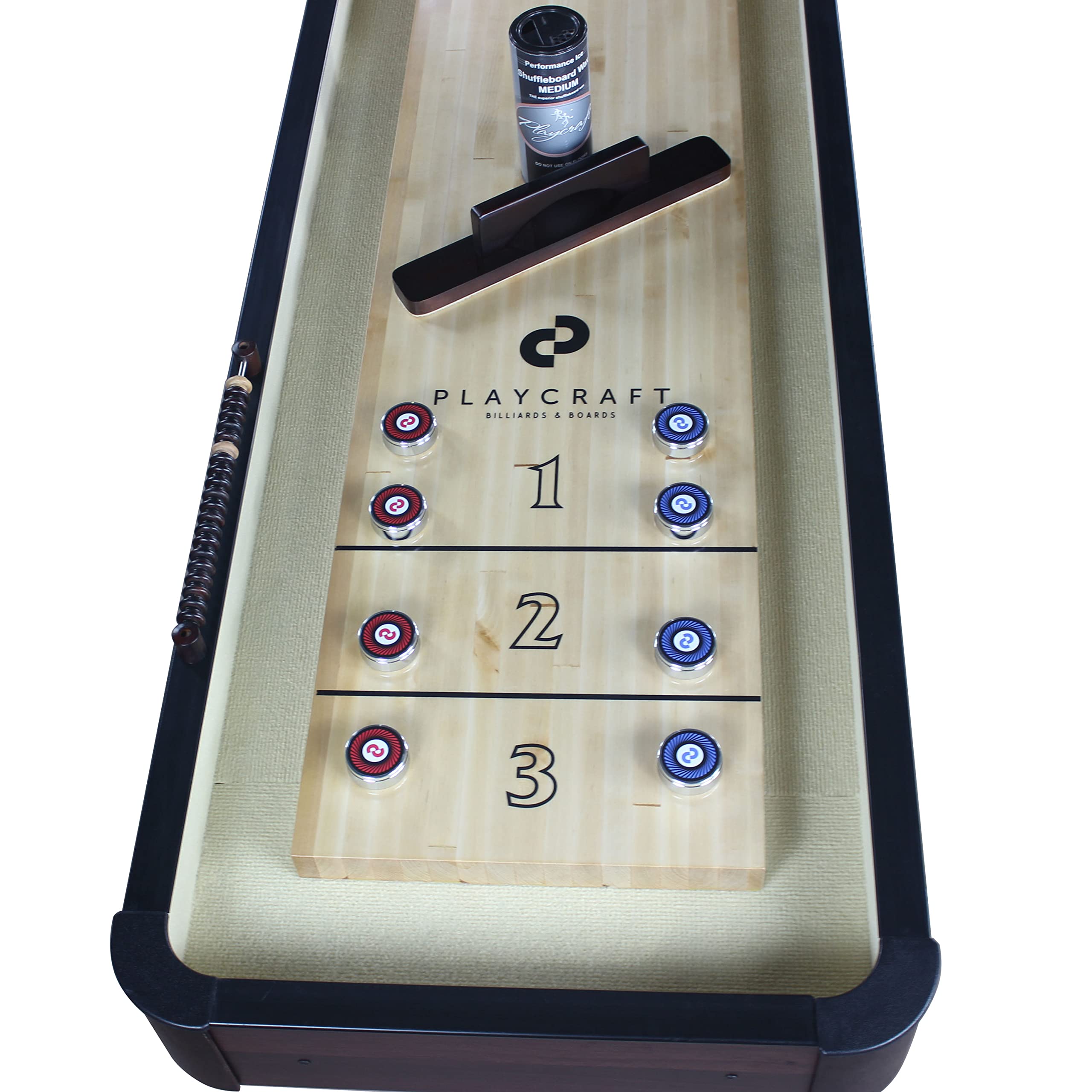 Playcraft Woodbridge Shuffleboard Table with Storage Cabinet - Shuffle Board Game Table Set with Matching Abacus, 8 Pucks, Brush & Wax (Made in USA) - Pro Style Climate Adjusters - Espresso - 12ft