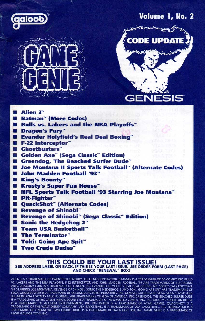 Game Genie Codebook Update for Sega Genesis - Volume 1 Number 2 (Supplement code update booklet with additonal codes not in original manual) (Game Genie Code Update) [Paperback] [1994] Galoob