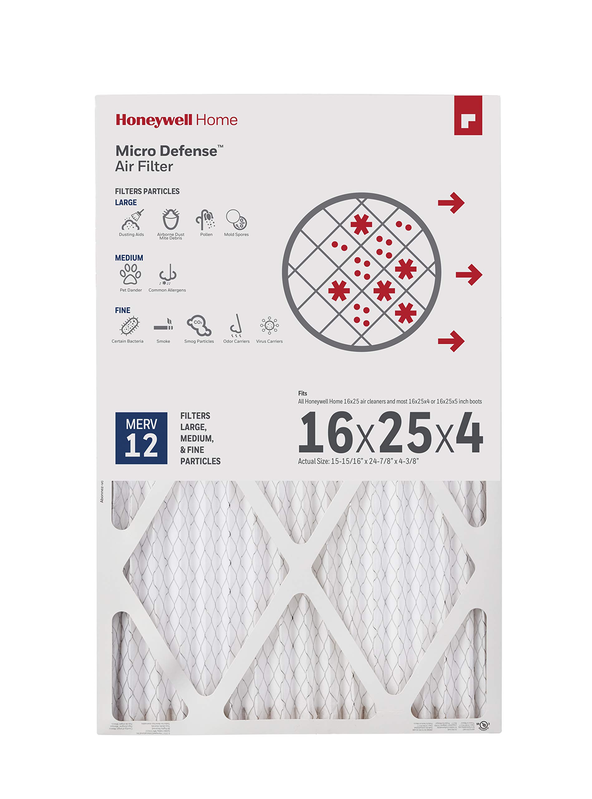 Honeywell Home MicroDefense AC Furnace Air Filter 16 x 25 x 4 MERV 12 (1 pk)