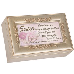 cottage garden sister you mean the world to me silvertone embossed floral jewelry music box plays amazing grace