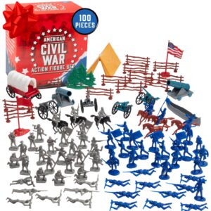 civil war army men toy soldier action figure playset-100pcs including confederate & union soldiers, cannons, wagons, rideable horses, terrain accessories- great gift set for kids & collectors