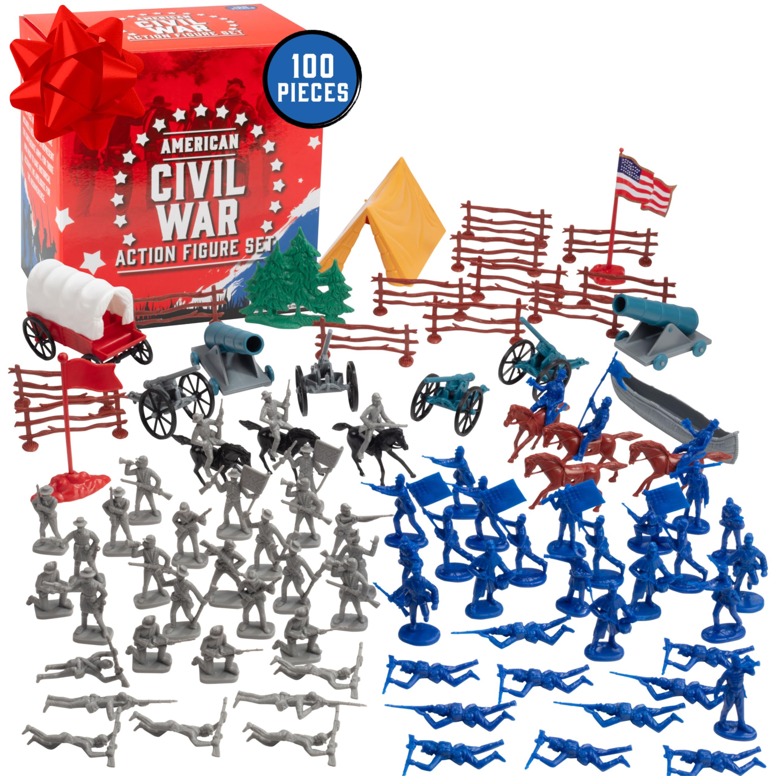 Civil War Army Men Toy Soldier Action Figure Playset-100pcs Including Confederate & Union Soldiers, Cannons, Wagons, Rideable Horses, Terrain Accessories- Great Gift Set for Kids & Collectors