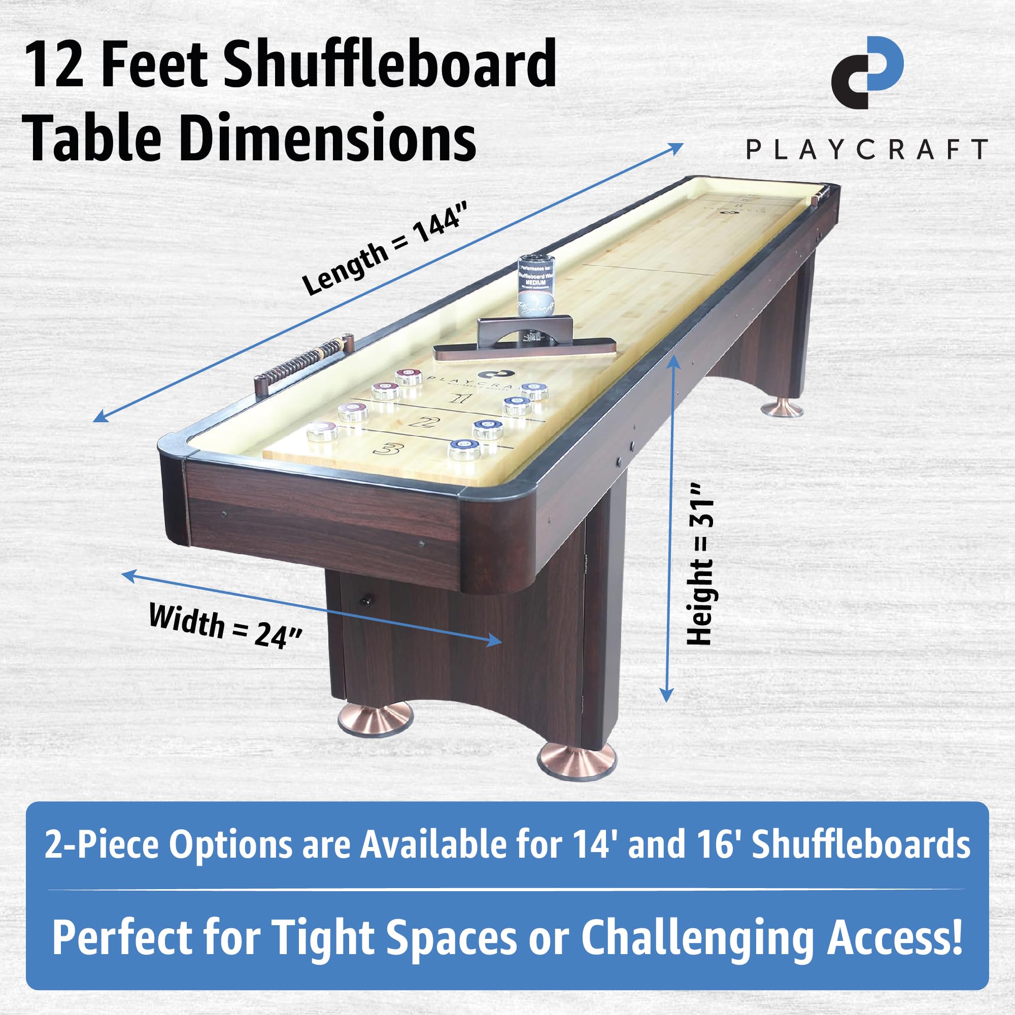 Playcraft Woodbridge Shuffleboard Table with Storage Cabinet - Shuffle Board Game Table Set with Matching Abacus, 8 Pucks, Brush & Wax (Made in USA) - Pro Style Climate Adjusters - Espresso - 12ft