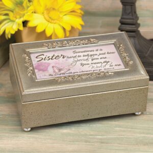 Cottage Garden Sister You Mean The World to Me Silvertone Embossed Floral Jewelry Music Box Plays Amazing Grace