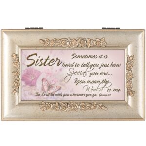 Cottage Garden Sister You Mean The World to Me Silvertone Embossed Floral Jewelry Music Box Plays Amazing Grace