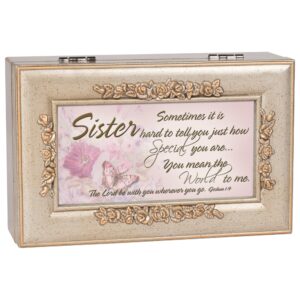 Cottage Garden Sister You Mean The World to Me Silvertone Embossed Floral Jewelry Music Box Plays Amazing Grace