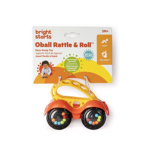 Oball Easy Grasp Rattle & Roll BPA-Free Push Car Infant Crawling Toy and Teether, 1 Pack, Age 3 Months and up, Color May Vary