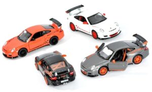 kinsmart porsche 911 gt3 rs setof4 1:36 scale 5" die cast model toy super sports car white/orange/silver/black